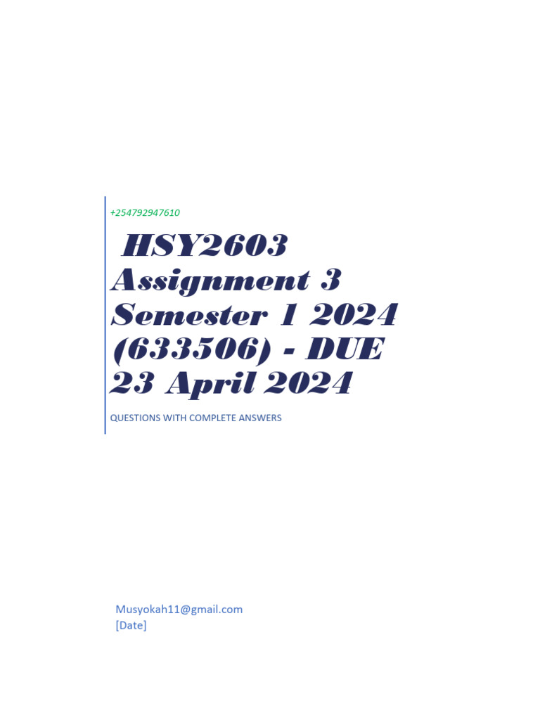 HSY2603 Assignment 3 Semester 1 2024F3 | PDF | Second Boer War | South Africa