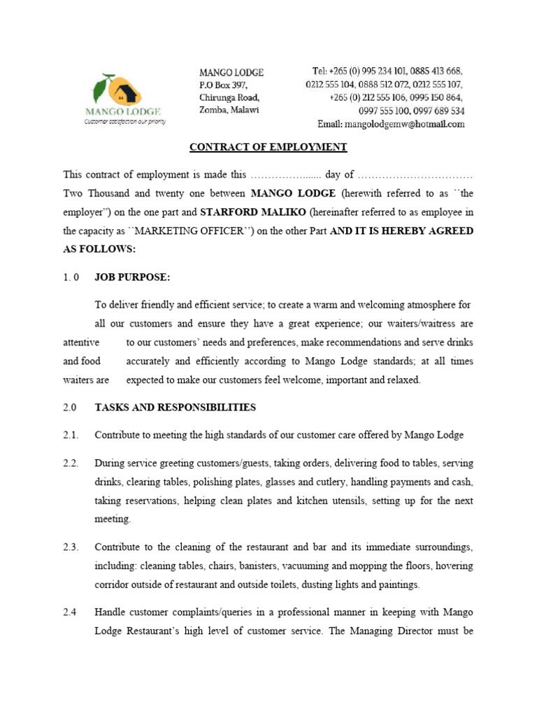 Contract of Employment-Waiter | Download Free PDF | Waiting Staff ...