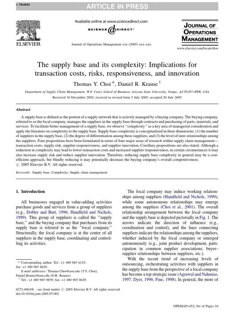 The Supply Base and Its Complexity Implications For Transaction Costs ...