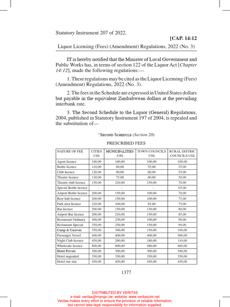SI 2022-207 Liquor Licensing (Fees) (Amendment) Regulations, 2022 (No ...