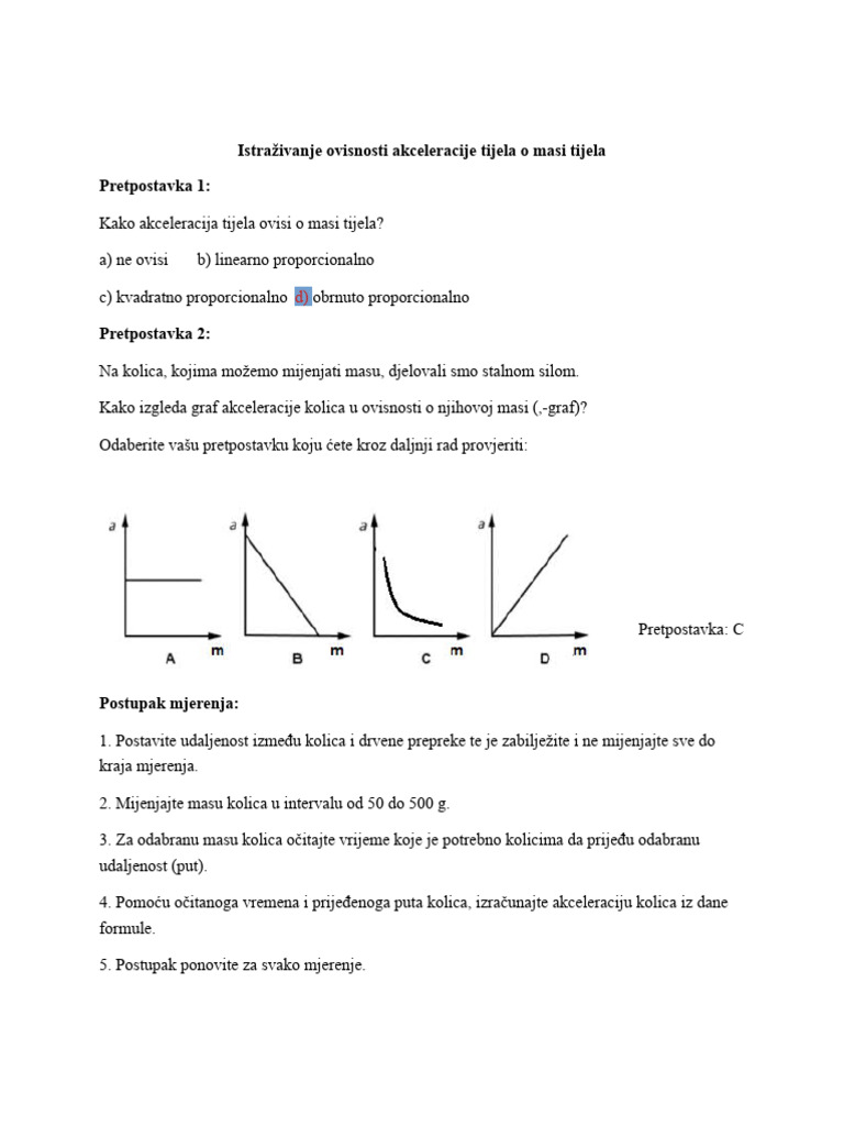 Istraživanje Ovisnosti Akceleracije o Masi | PDF