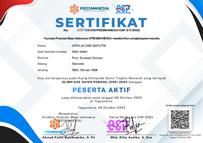 Cert - Ekonomi - OSP 2023 | PDF
