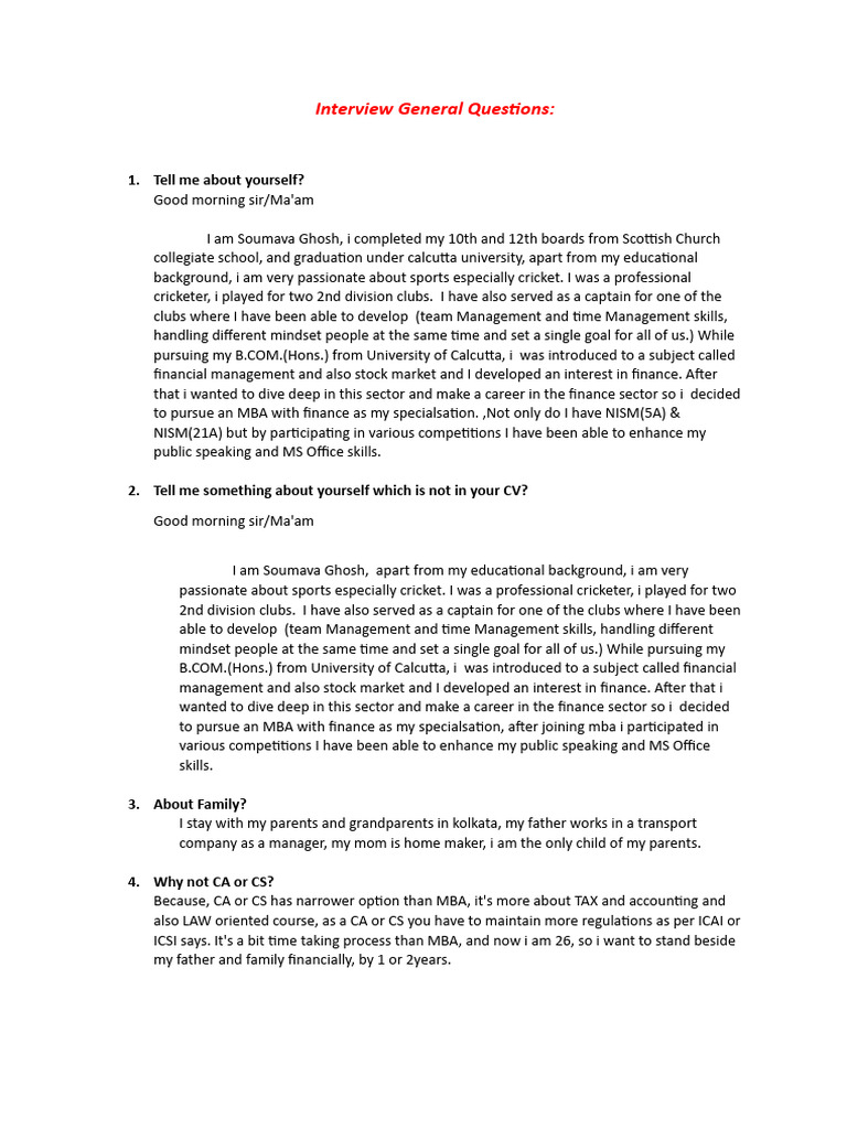 Interview General Questions | PDF | Master Of Business Administration ...