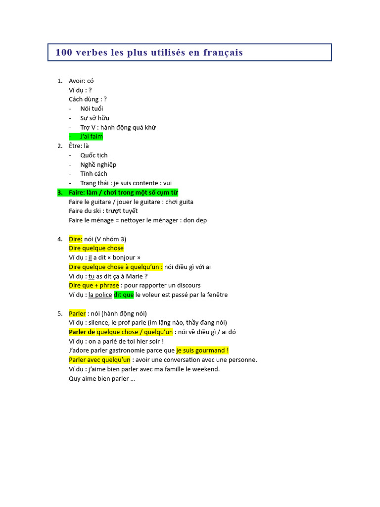 100 verbes les plus utilisés en français | PDF