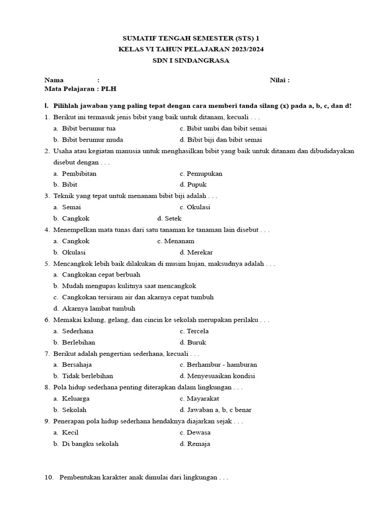 PTS PLH SMT 1 | PDF | Griya & Taman | Kesehatan Holistik