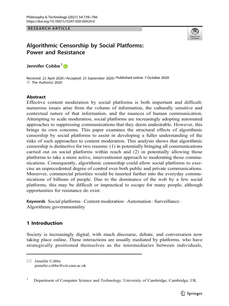 Algorithmic Censorship by Social Platforms: Power and Resistance | PDF ...