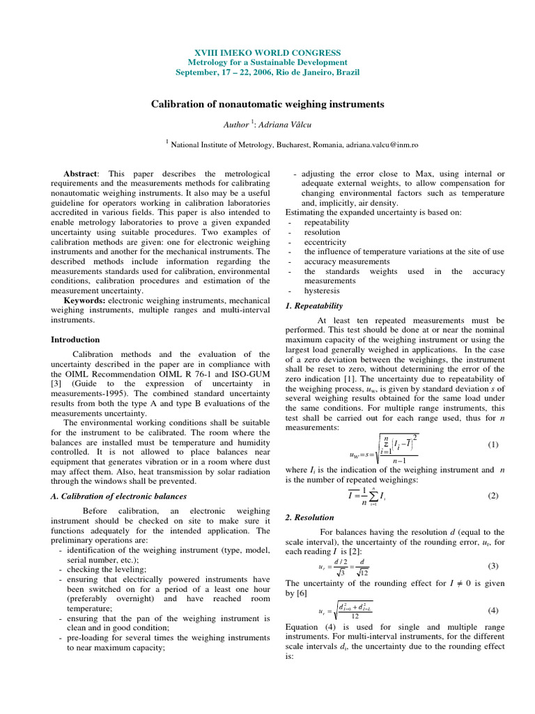 Uncertainty Calculation | PDF | Calibration | Weighing Scale