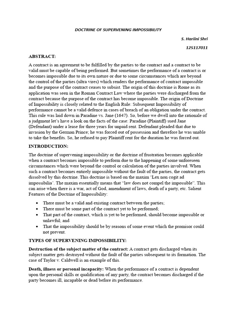 Doctrine of Supervening Impossibility | PDF | Private Law | Business Law