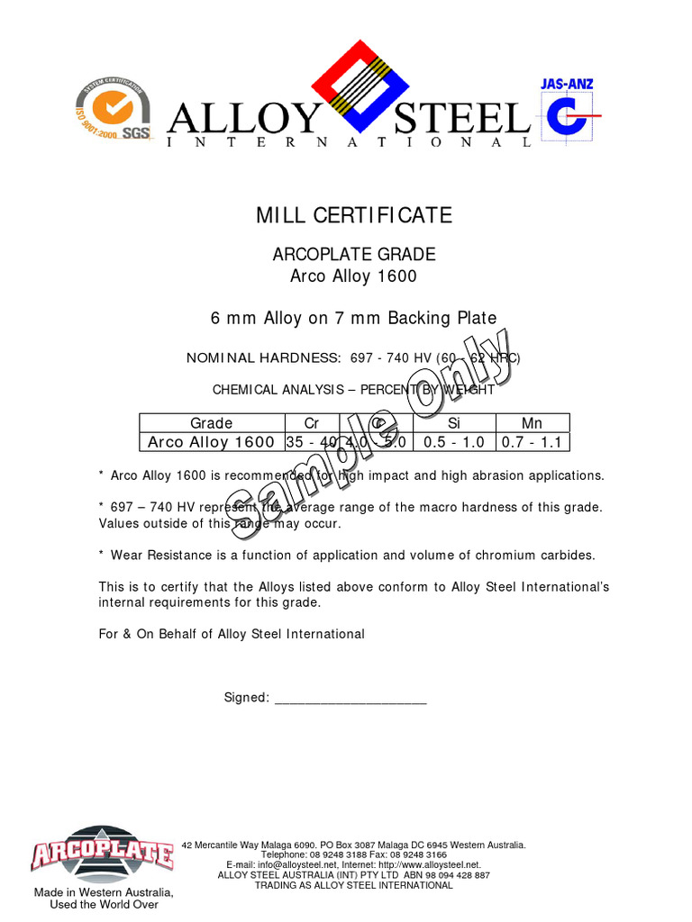 Arco Alloy 1600 Certification Details | PDF