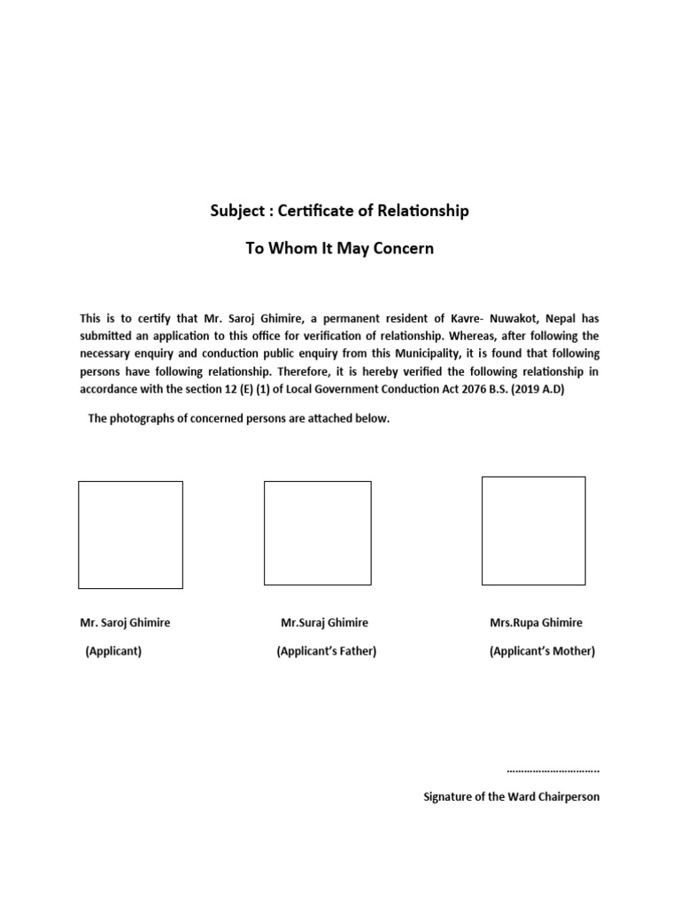 Sample Relationship Certificate | PDF