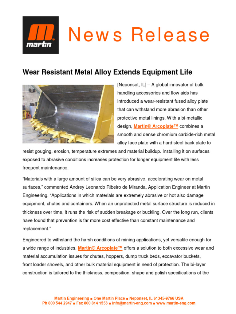 Arcoplate Martin-News-Release | PDF | Wear | Alloy