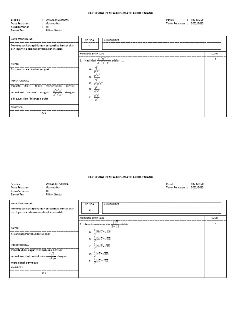 Kartu Soal US MTK TKP SUSULAN | PDF