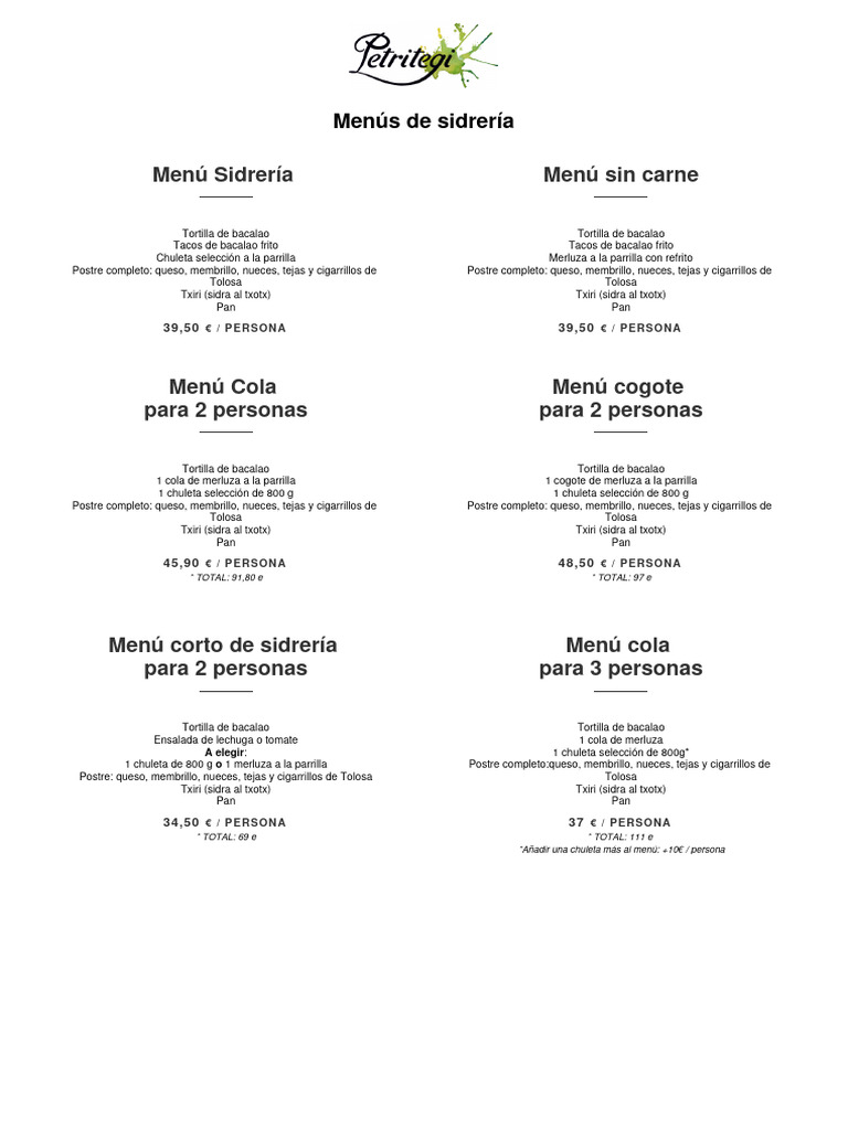 Menús de Sidrería para Todos | PDF | ensalada | Alimentos