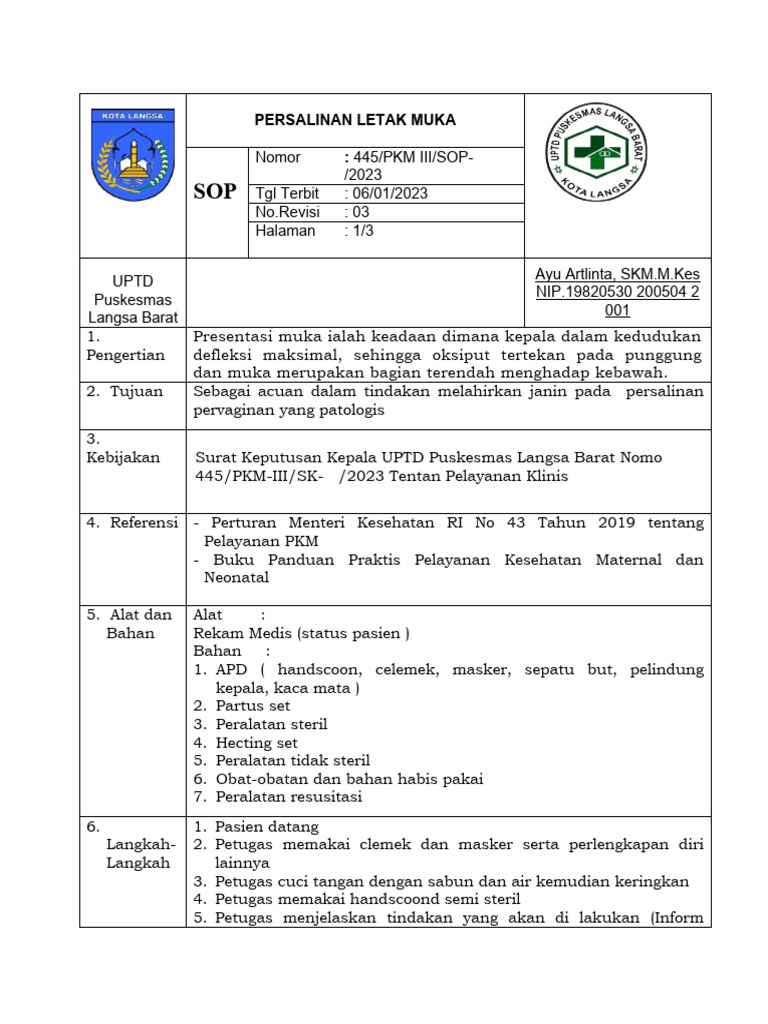 Sop Persalinan Letak Muka | PDF