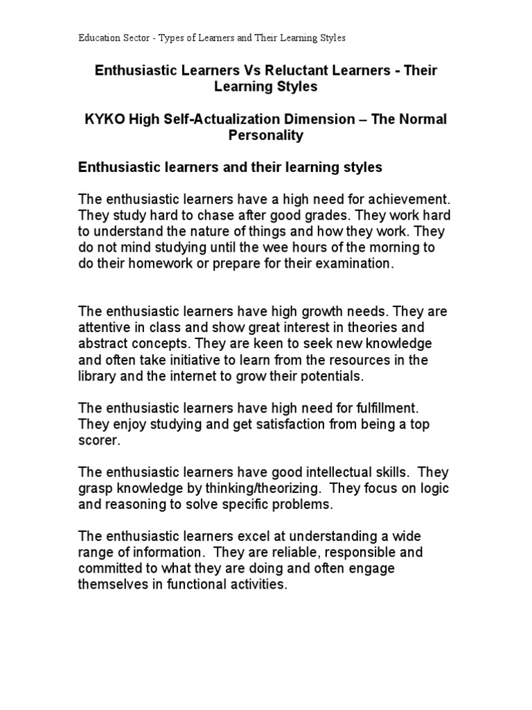 Enthusiastic Learners Vs Reluctant Learners | PDF | Learning Styles ...