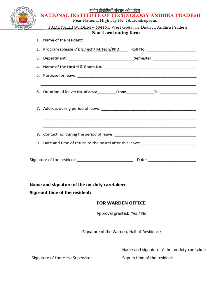 Non-Local Outing Request Form For First Year B.tech | PDF