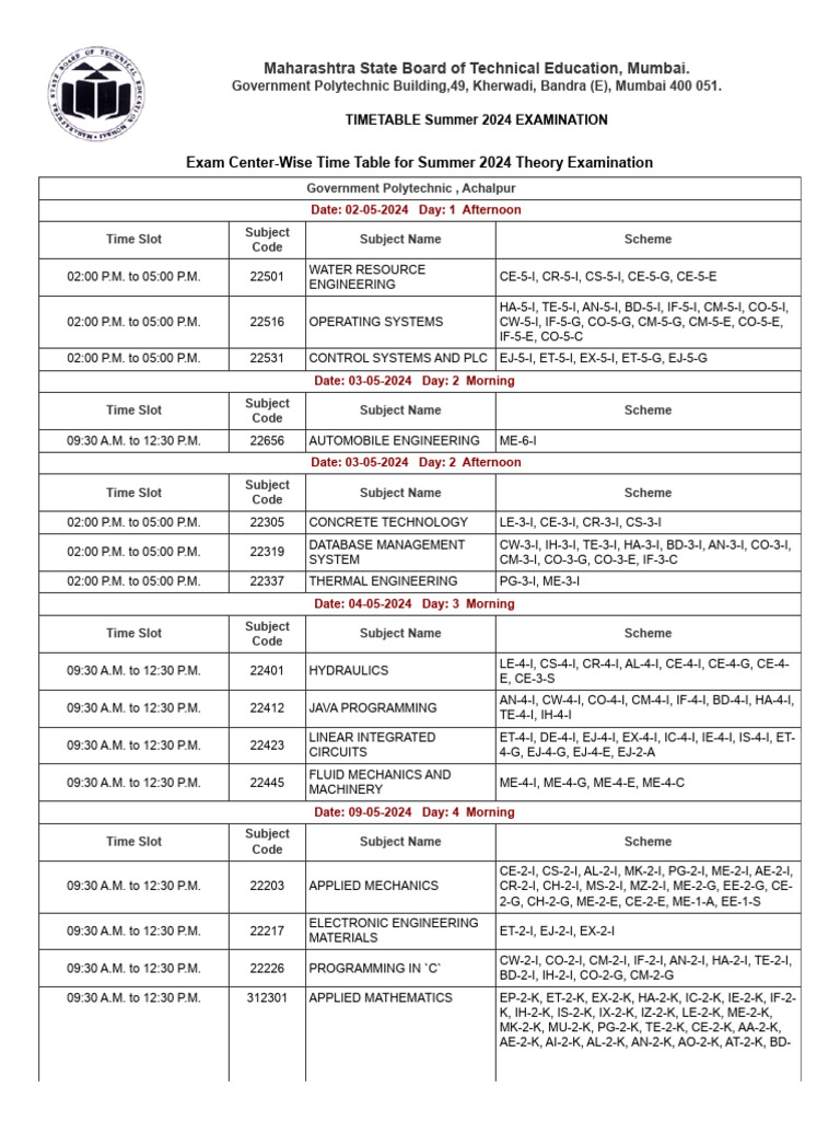 Time Table For Summer 2024 Theory Examination-1 | PDF | Engineering ...
