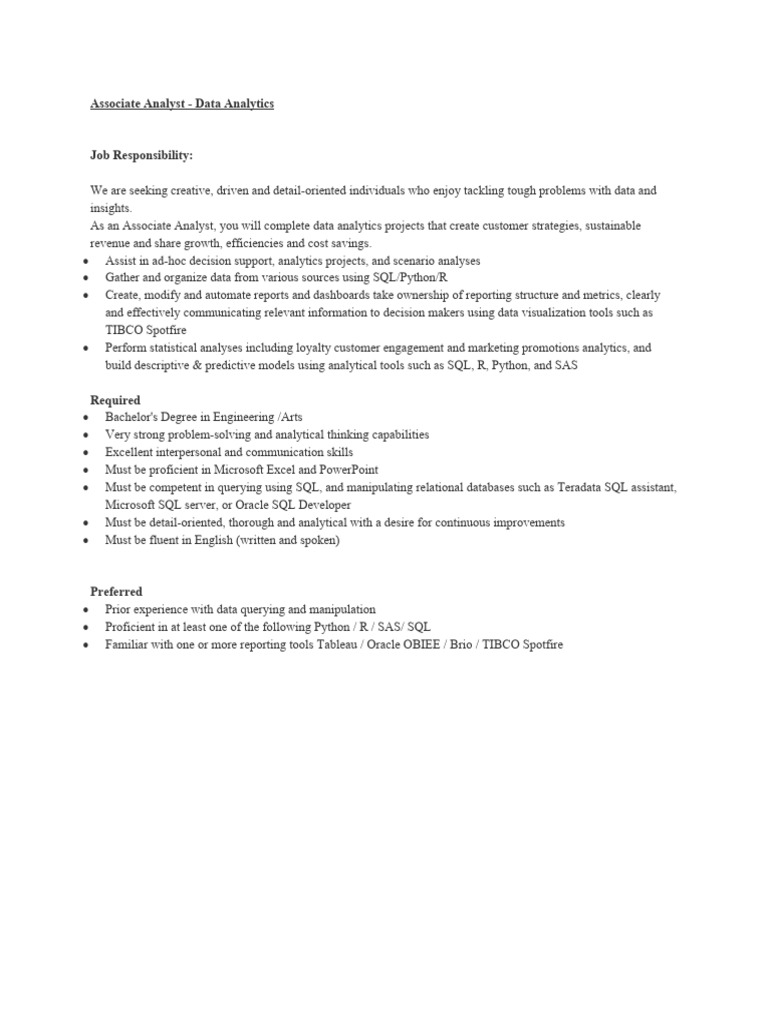 Associate Analyst Data Analytics PDF
