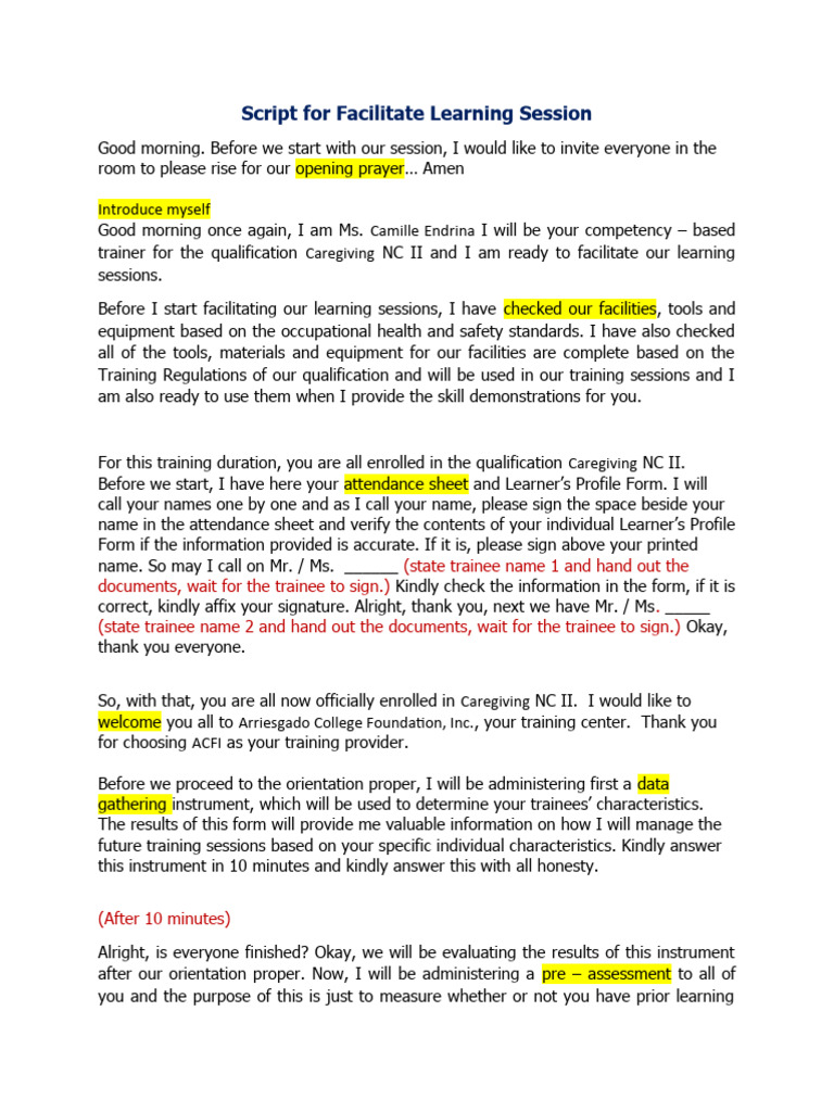 Camille - Script - Facilitate Learning Session | Download Free PDF | Educational Assessment ...