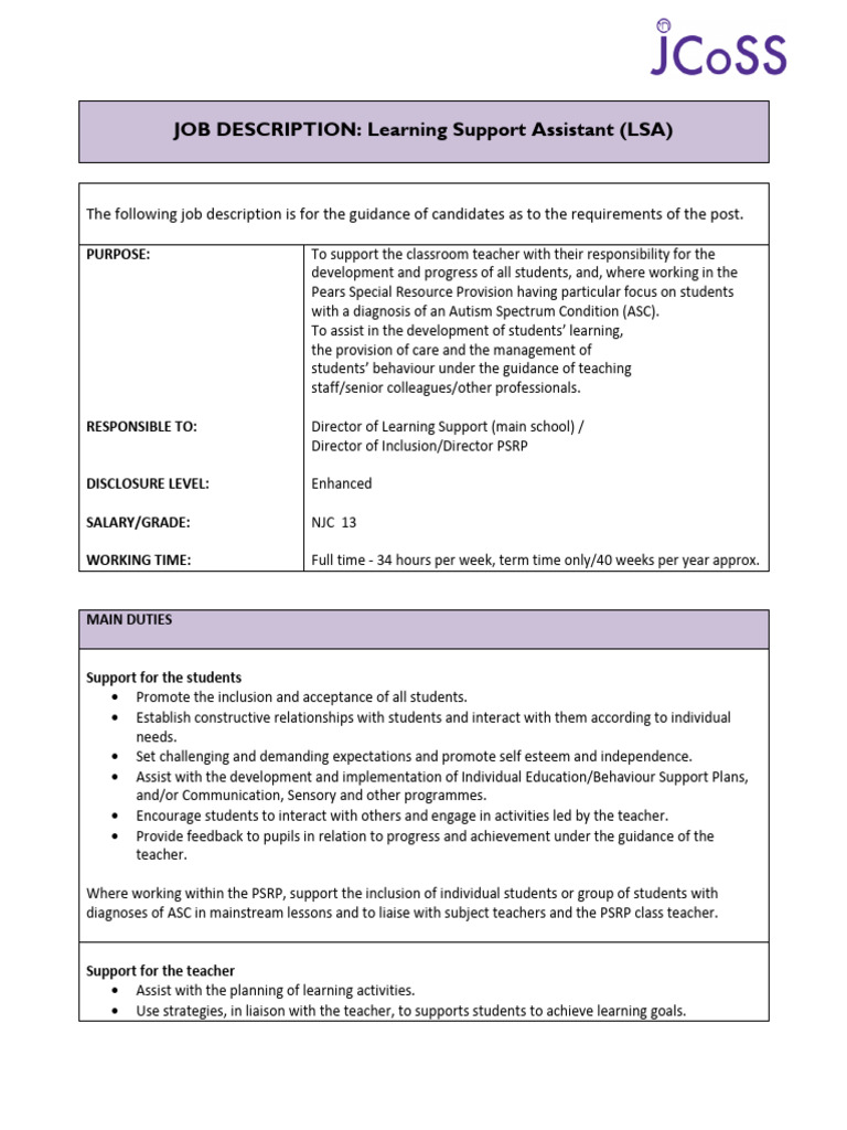 Job Description LSA Main School or PSRP July 2017 | PDF | Teachers ...