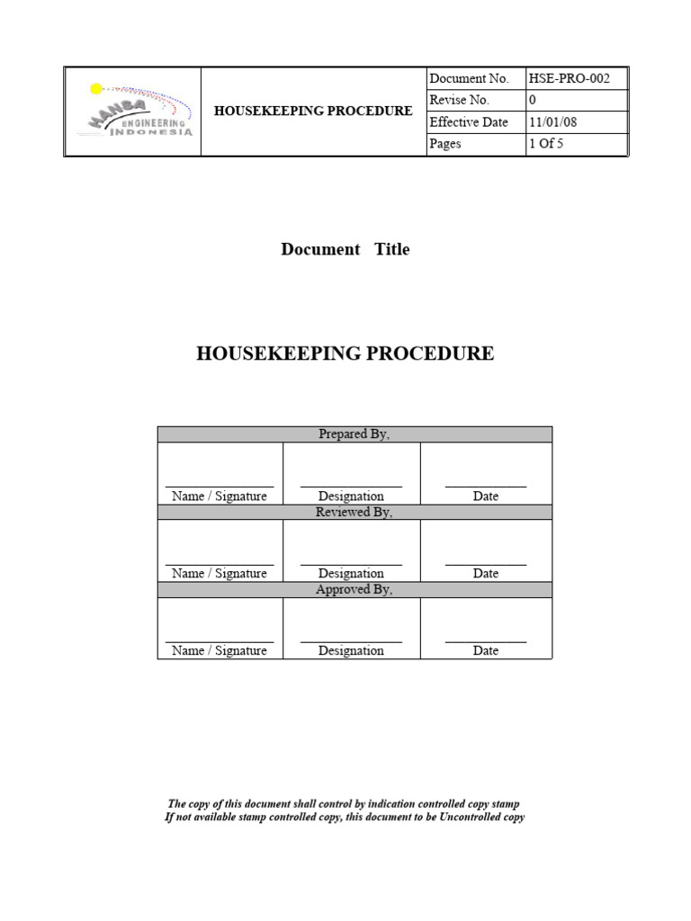 HSE-PRO-002 (House Keeping Procedure) | Download Free PDF | Housekeeping