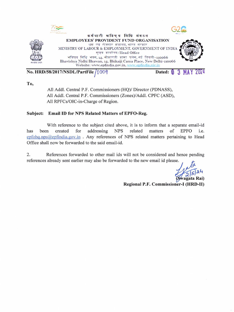 Circular On Email Id For Nps Related Matters in Epfo | PDF