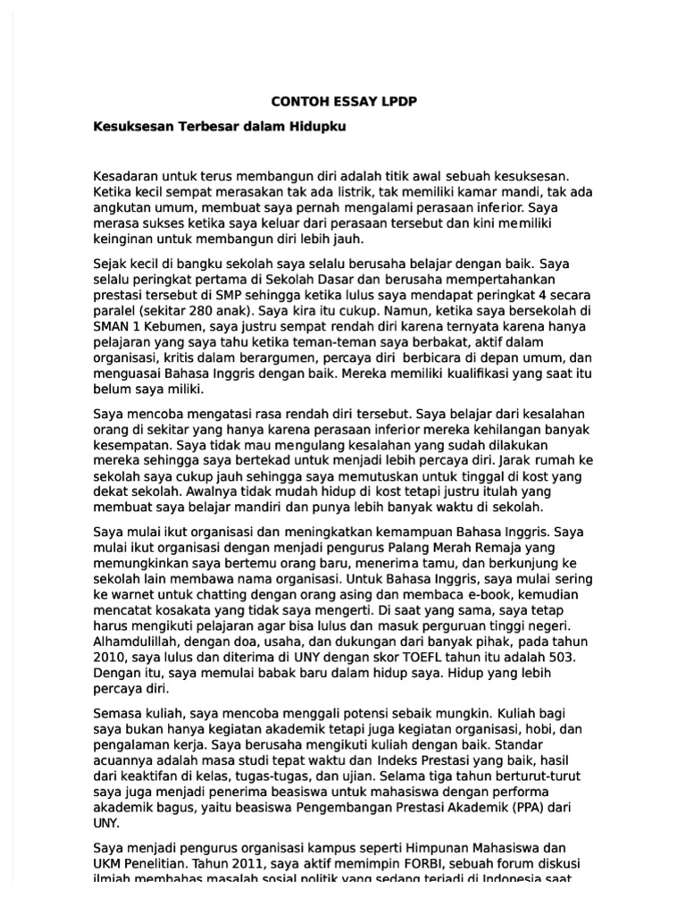 PDF Contoh Essay LPDP - Compress | PDF | Pengembangan Diri