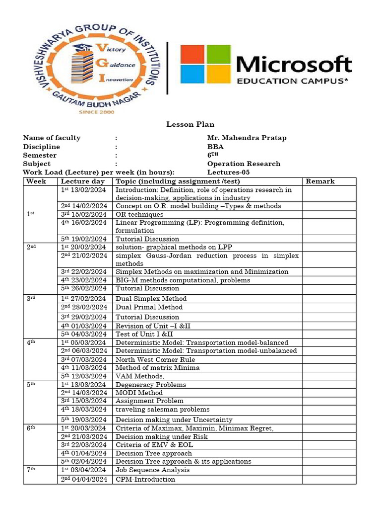 Lesson Plan Bba 602 Operation Research Vgi | PDF | Decision Making | Applied Mathematics