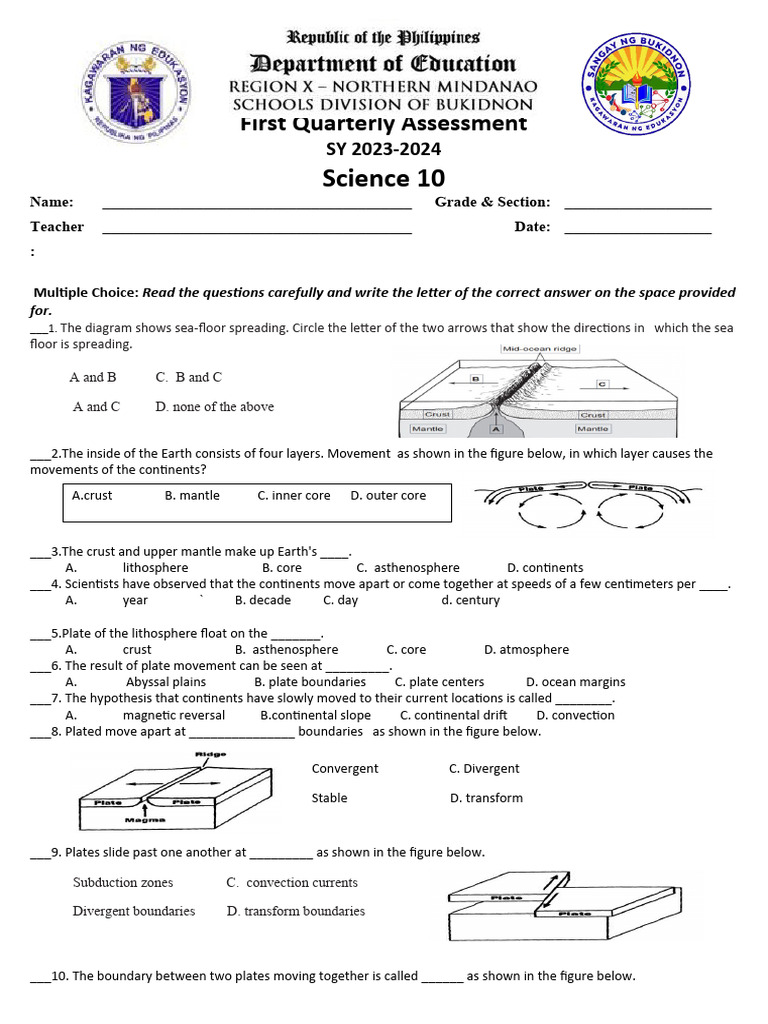 Science - G10 - Q1 - Test Questions | PDF | Plate Tectonics | Earth