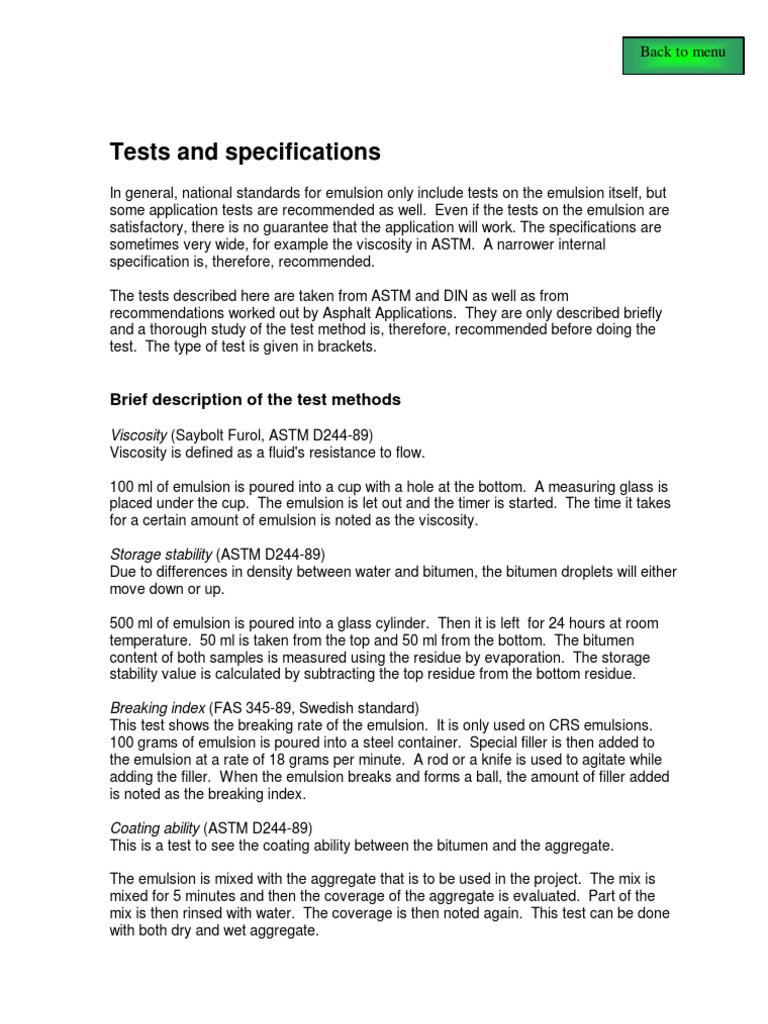 Tests and Specifications: Brief Description of The Test Methods ...