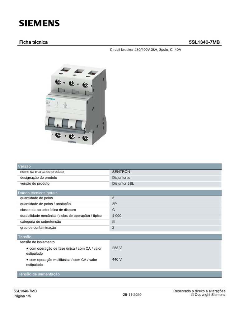 Disjuntor Tripolar 40a - 5SX1 340 7 3ka - Siemens (Man01004) | PDF | Energia elétrica ...