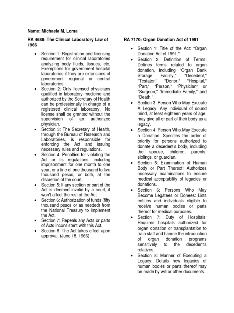 Name: Michaela M. Loma RA 4688: The Clinical Laboratory Law of 1966 RA ...
