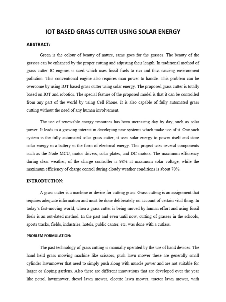 Iot Based Grass Cutter Using Solar Energy | PDF | Lawn Mower | Lawn