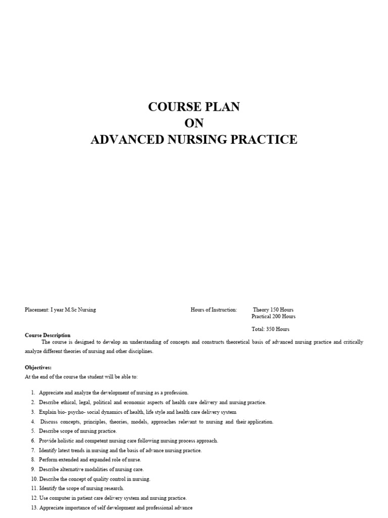 Advanced Nursing Practice Course Plan | PDF | Nursing | Health Care