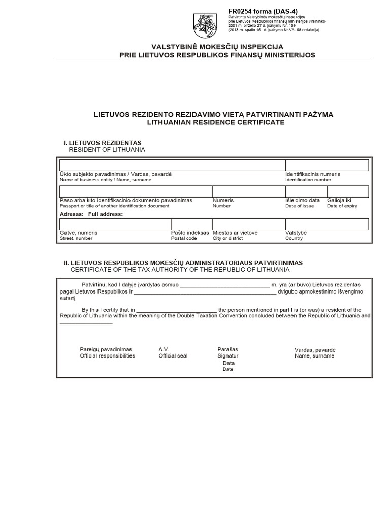 Lithuanian Residence Certificate | PDF