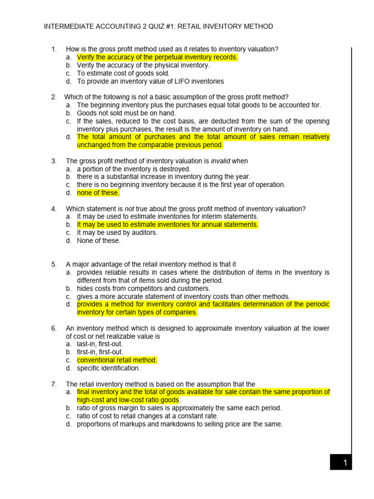 Quiz 1 Retail Inventory Method | Download Free PDF | Inventory ...