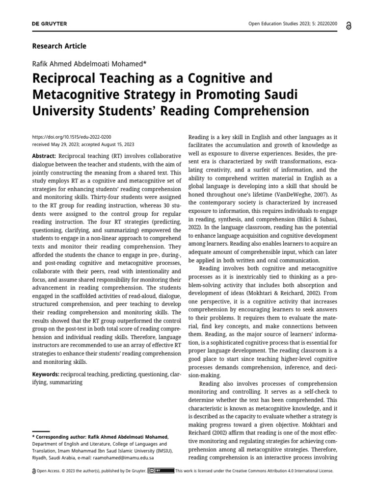 Reciprocal_Teaching_as_a_Cognitive_and_Metacogniti | PDF | Reading Comprehension | Metacognition