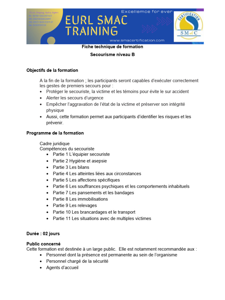Fiche Technique de Formation Secourisme Niveau B | PDF | Évolution de carrière | Ordinateurs
