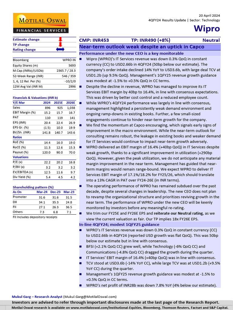 Motilal Oswal Sees 8% UPSIDE in Wipro Near Term Outlook Weak Despite | PDF | Investing | Balance ...
