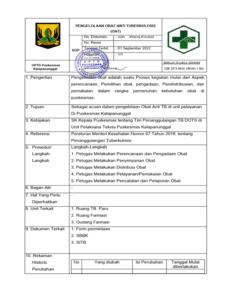 4.4.1.d - SOP PENGELOLAAN OBAT ANTI TUBERKULOSIS (OAT) FIX | PDF ...