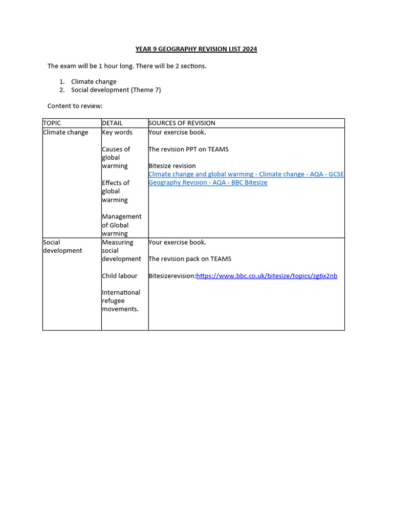Year 9 Geography Revision List 2024 | PDF