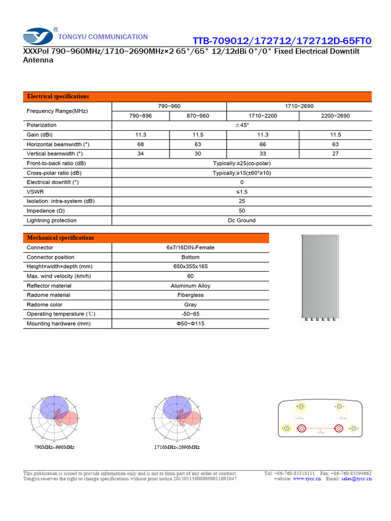 Tongyu TTB-709012 Antenna Specs | PDF | Antenna (Radio) | Electronic ...