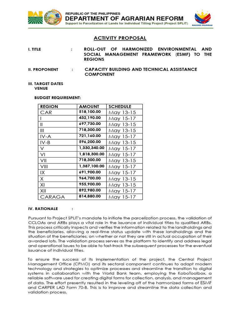 Activity Proposal Rollout of The Harmonized ESMF and CARPER LAD Forms | PDF