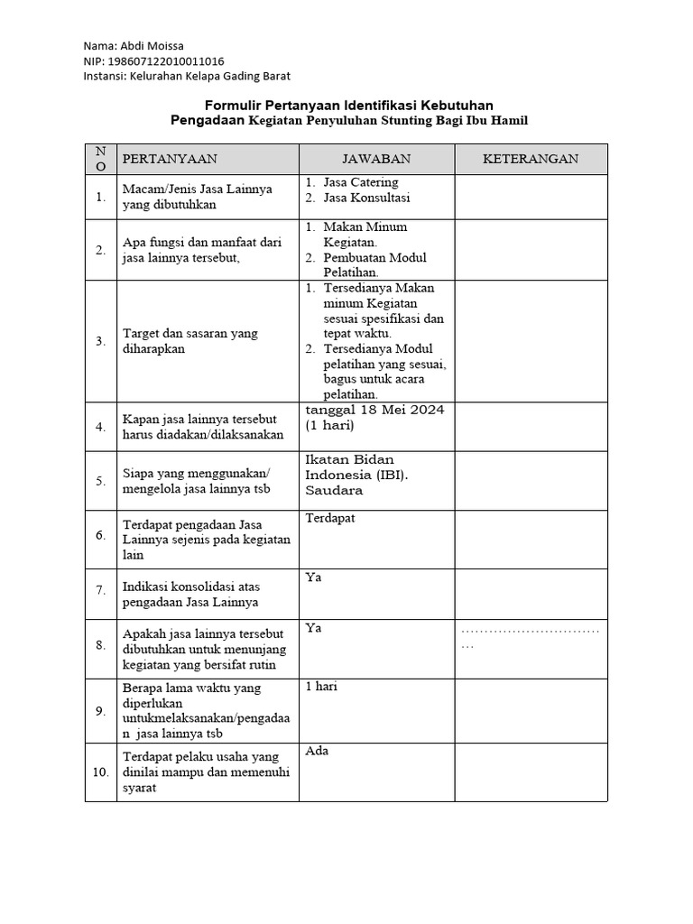 Lampiran 03 - Form Identifikasi Kebutuhan_PPK Tipe C 2024 | PDF