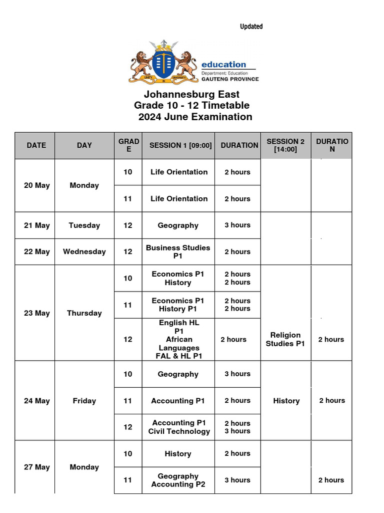 Exam Timetable for Grades 10-12 | PDF | Science