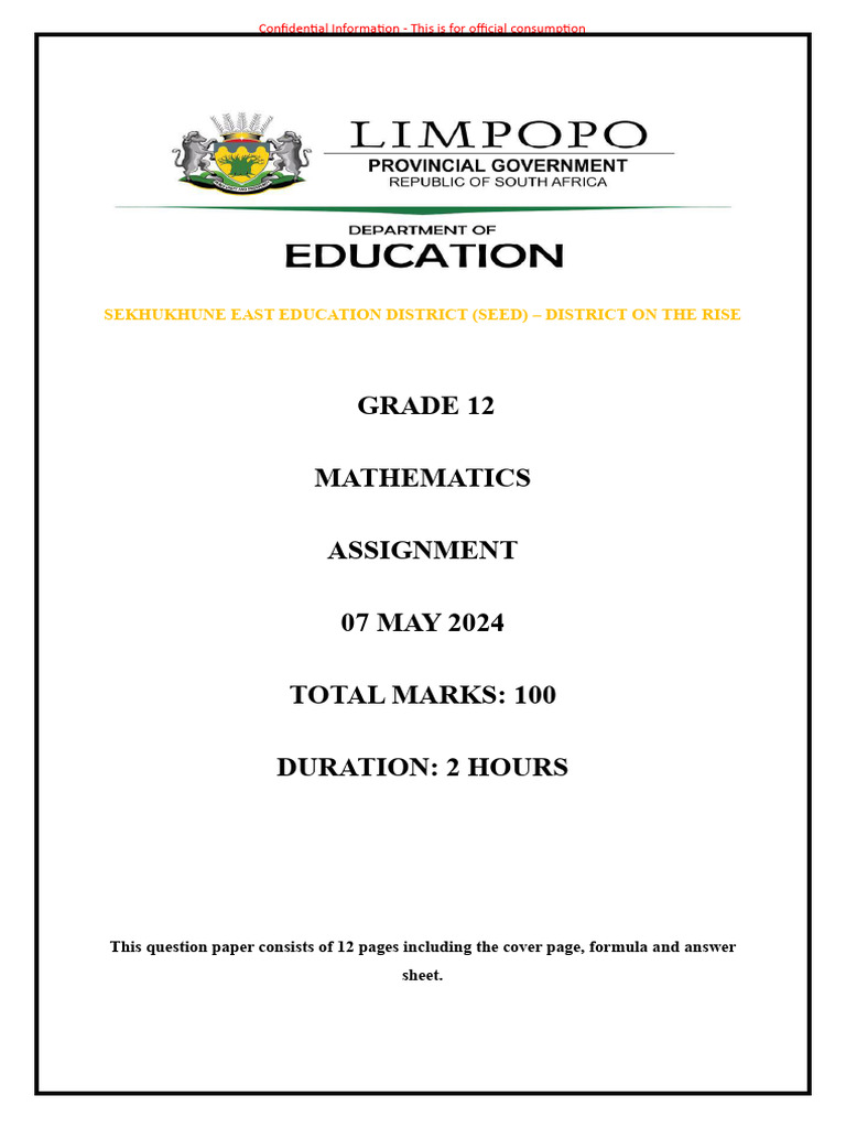 Grade 12 Mathematics Assignment 2024 | PDF | Elementary Mathematics ...