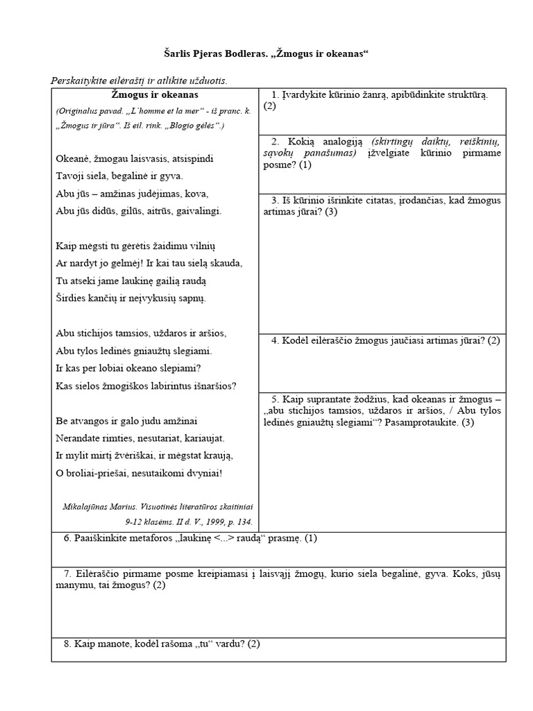 Bodleras. Zmogus Ir Okeanas. Uzduotys 1 | PDF
