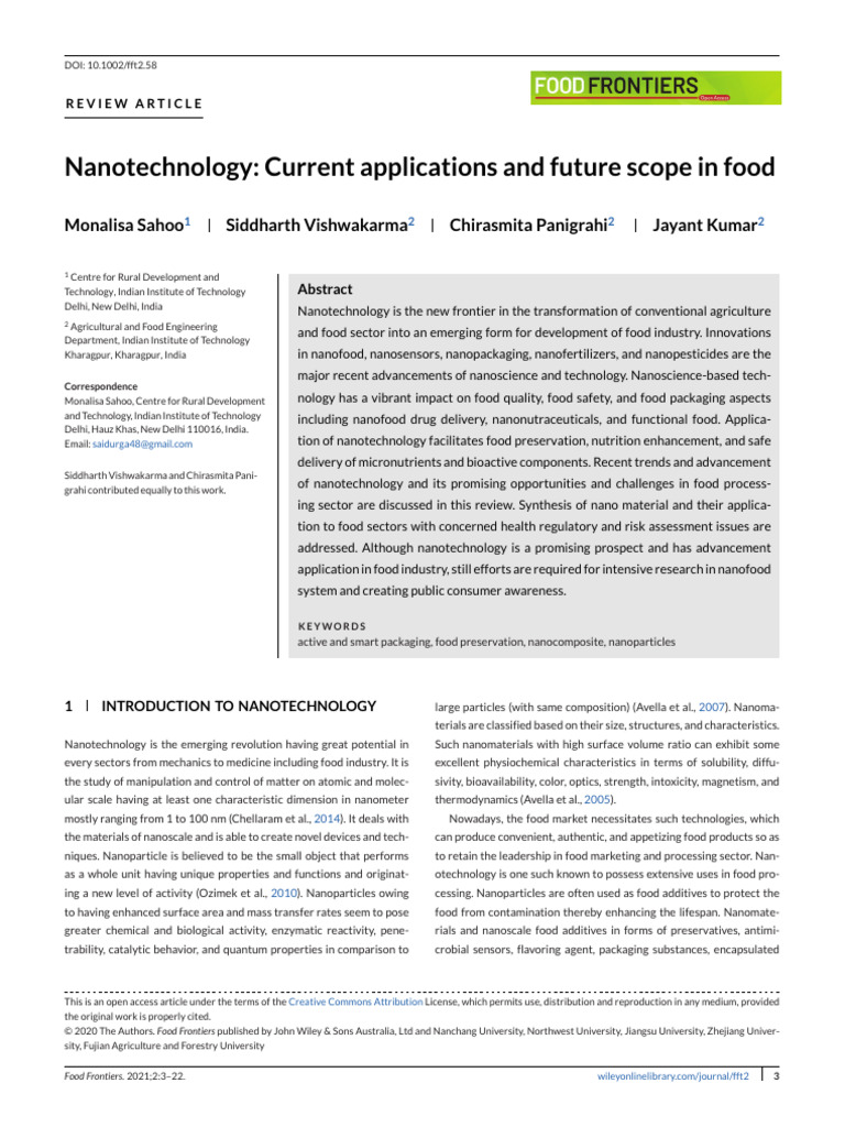 Food Frontiers - 2020 - Sahoo - Nanotechnology Current Applications and Future Scope in Food ...