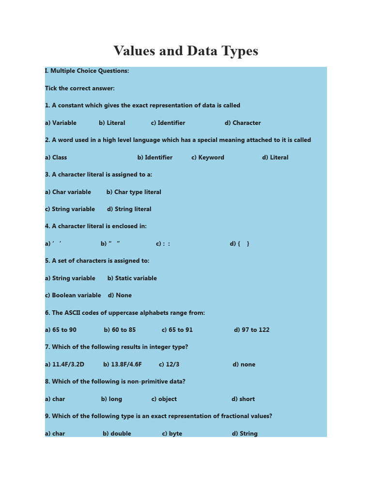 Values and Data Types - Q - A | PDF | Data Type | Boolean Data Type