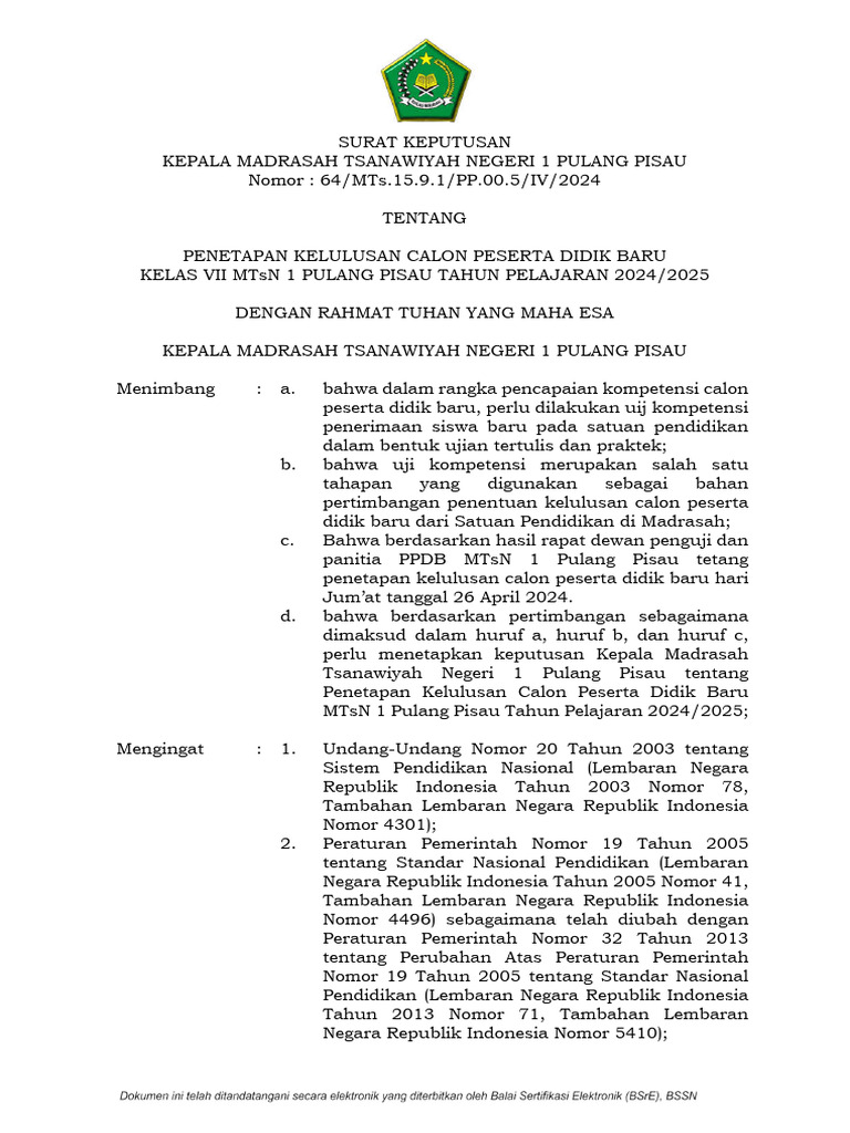 SK Kelulusan PPDB TP 2024-2025 Tte | PDF